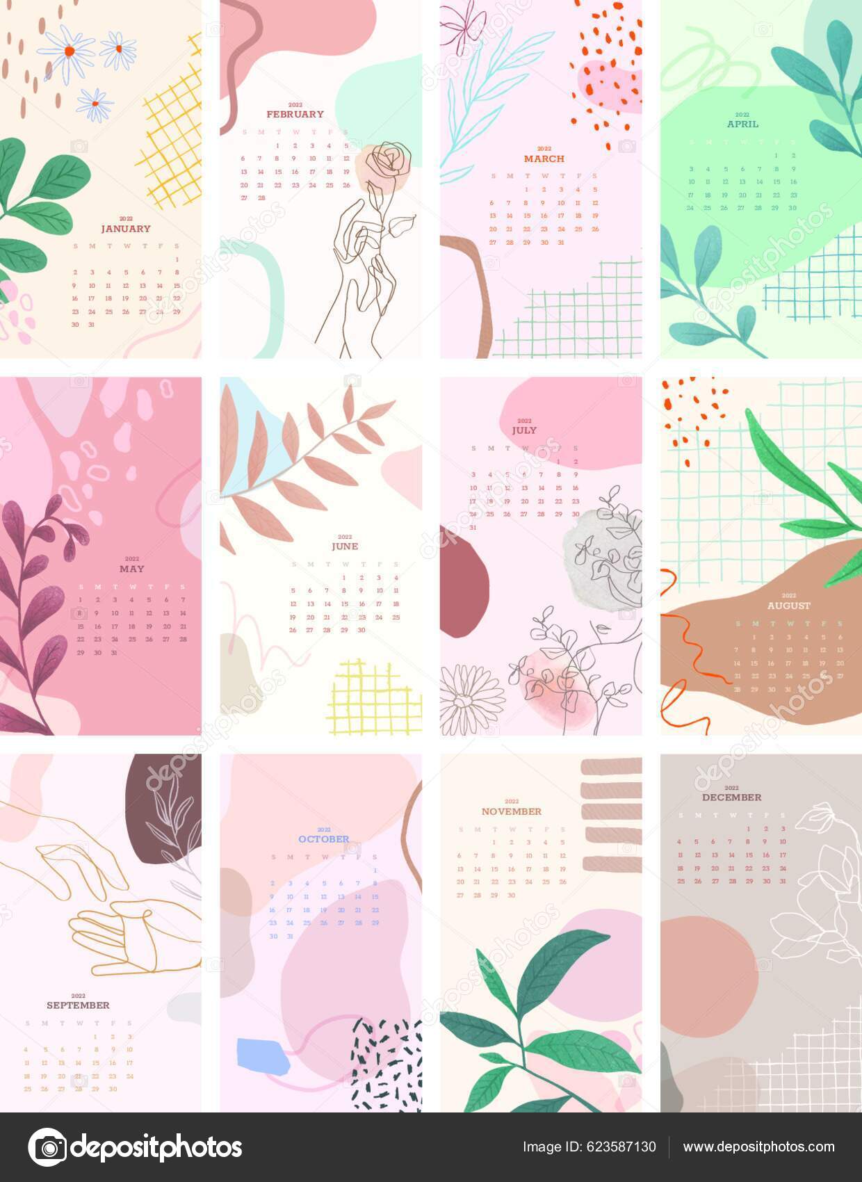 Templat Vektor Kalender Tahunan Vektor Floral Botani Pastel Diset ...