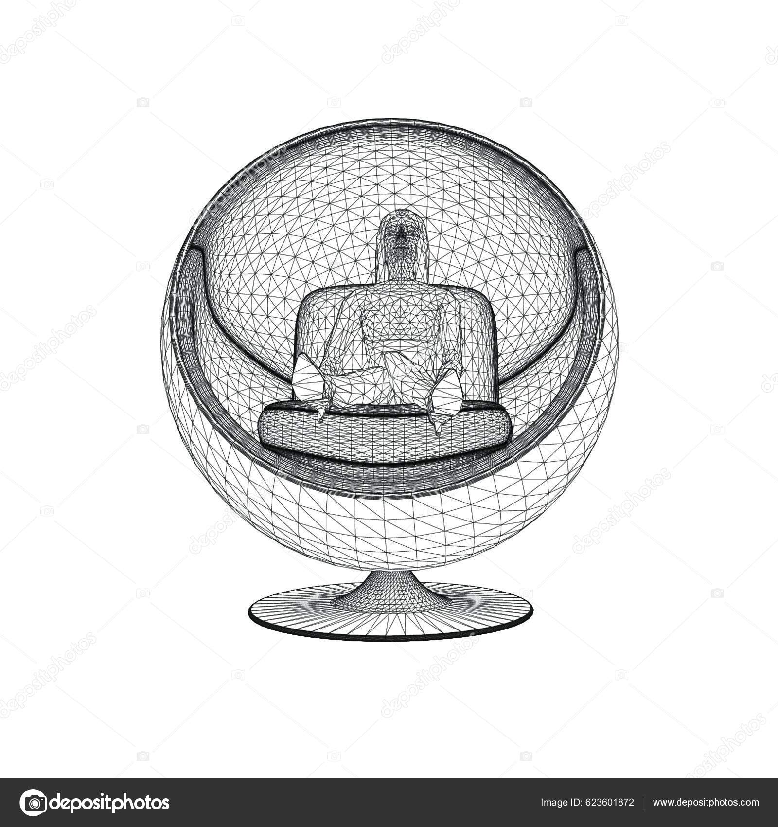 Wireframe Girl Sitting Circular Spherical Chair Made Black Lines ...