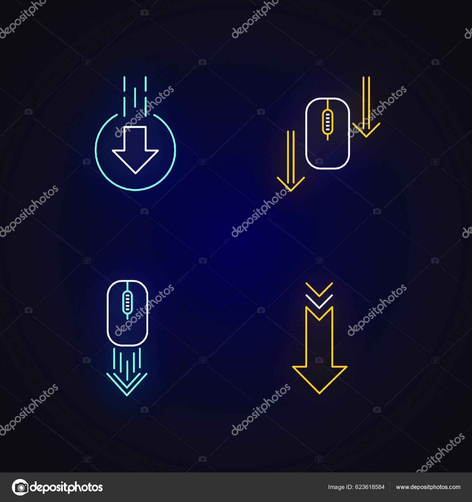 Computer Mouse Arrowheads Neon Light Icons Set Scrolling Uploading Indicators Stock Vector by ...