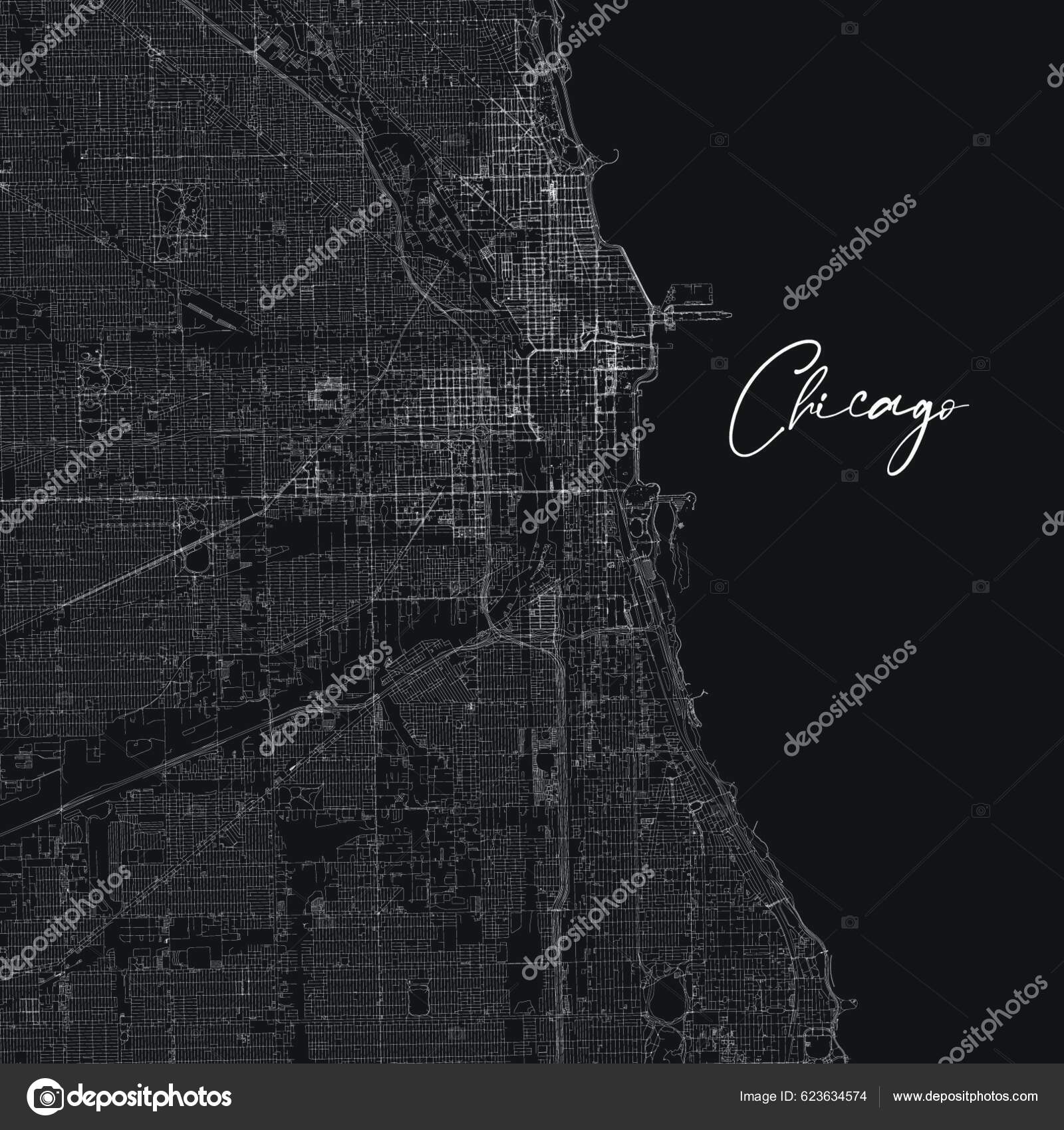 Black Vector Chicago Illinois Map City Name Art Print Template Stock ...