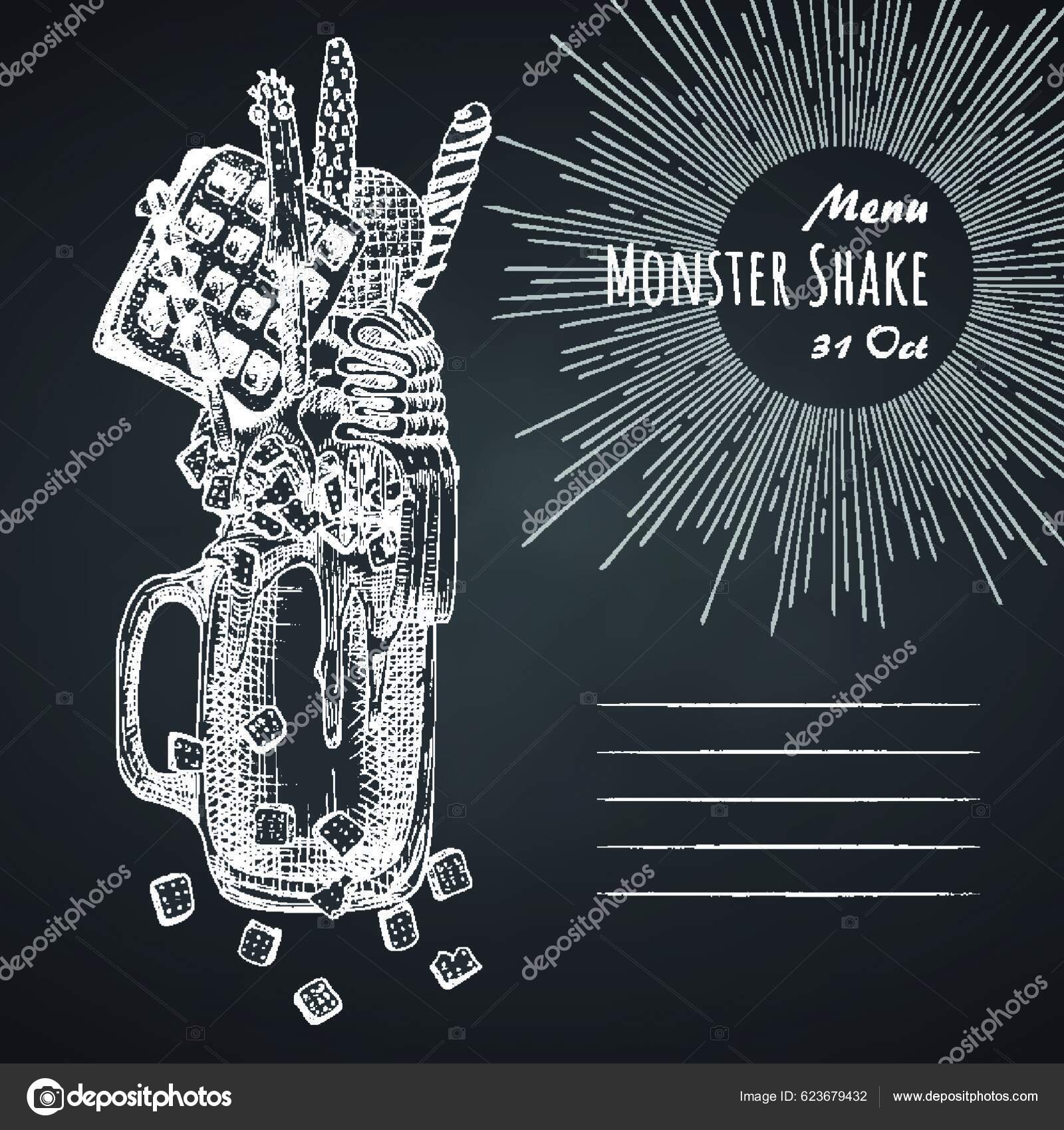 Monster Skaka Dessert Meny Tavlan Bakgrund Handritad Svart Och Vit ...