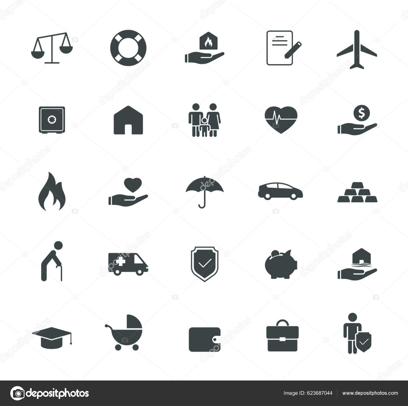 Insurance Silhouette Vector Icons Isolated White Insurance Icon Set Web ...