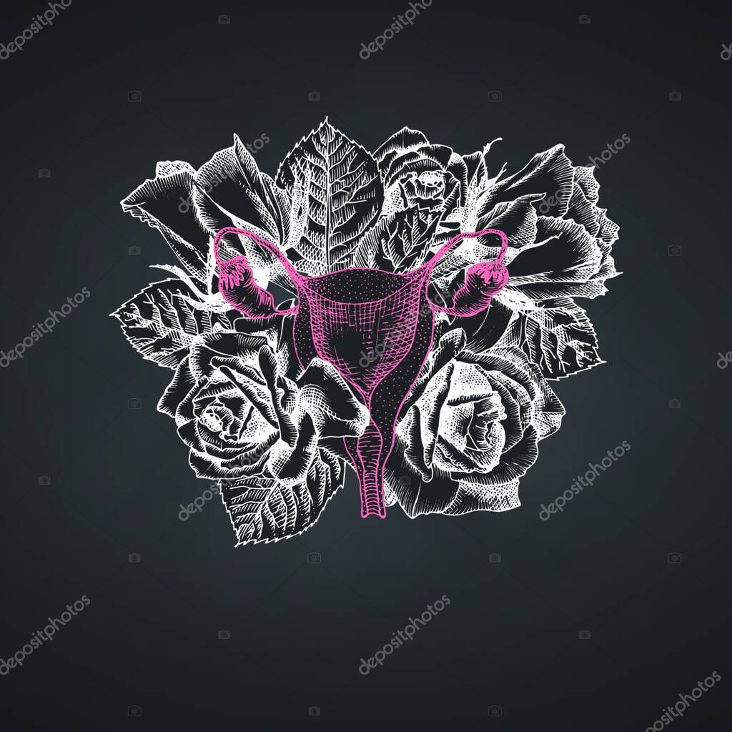Útero con rosas ramo en pizarra Icono realista dibujado a mano de ...