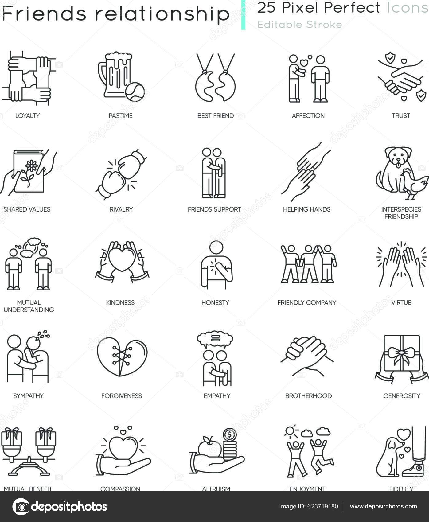 Friendly Relationship Pixel Perfect Linear Icons Set Friendship Interpersonal Emotional Stock ...