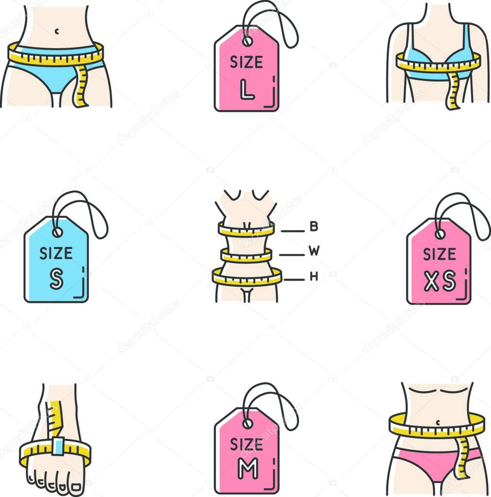 "Tallas de ropa femeninas Conjunto de iconos de color RGB. Medición de ...