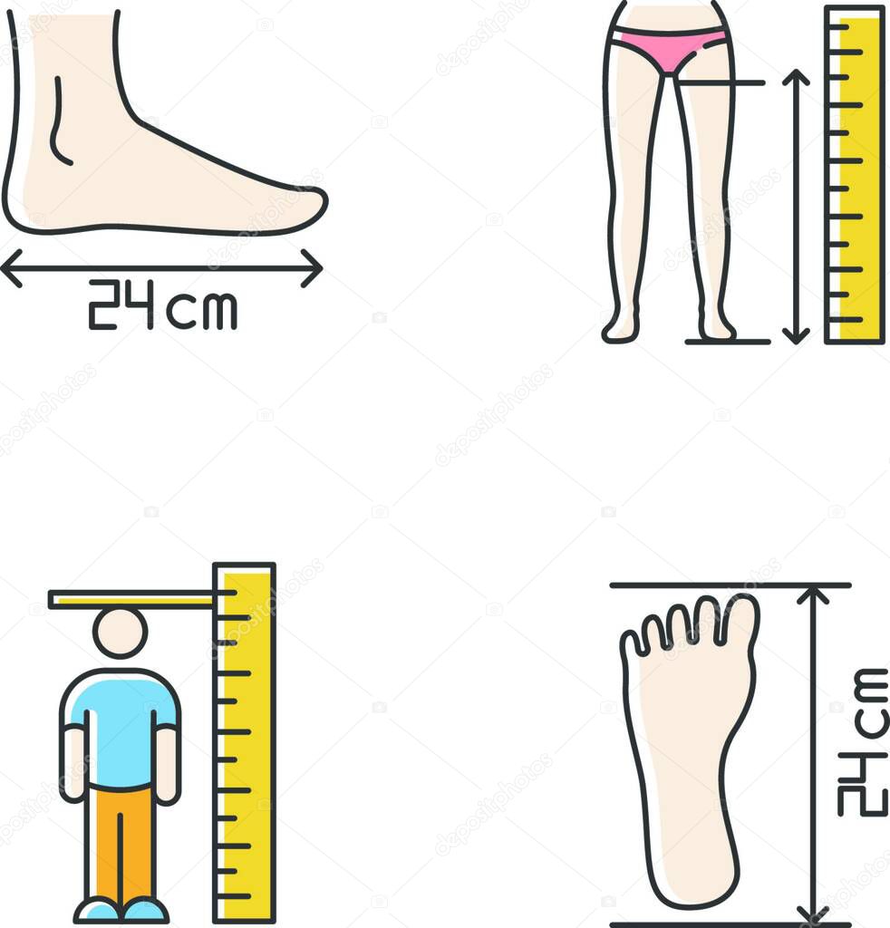 "Mediciones del cuerpo Conjunto de iconos de color RGB. Pierna interior ...