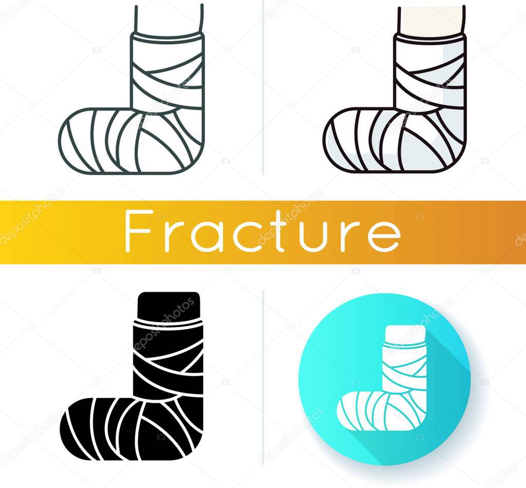 "Icono del pie roto. Fractura ósea. Pierna lesionada en yeso, vendaje ...