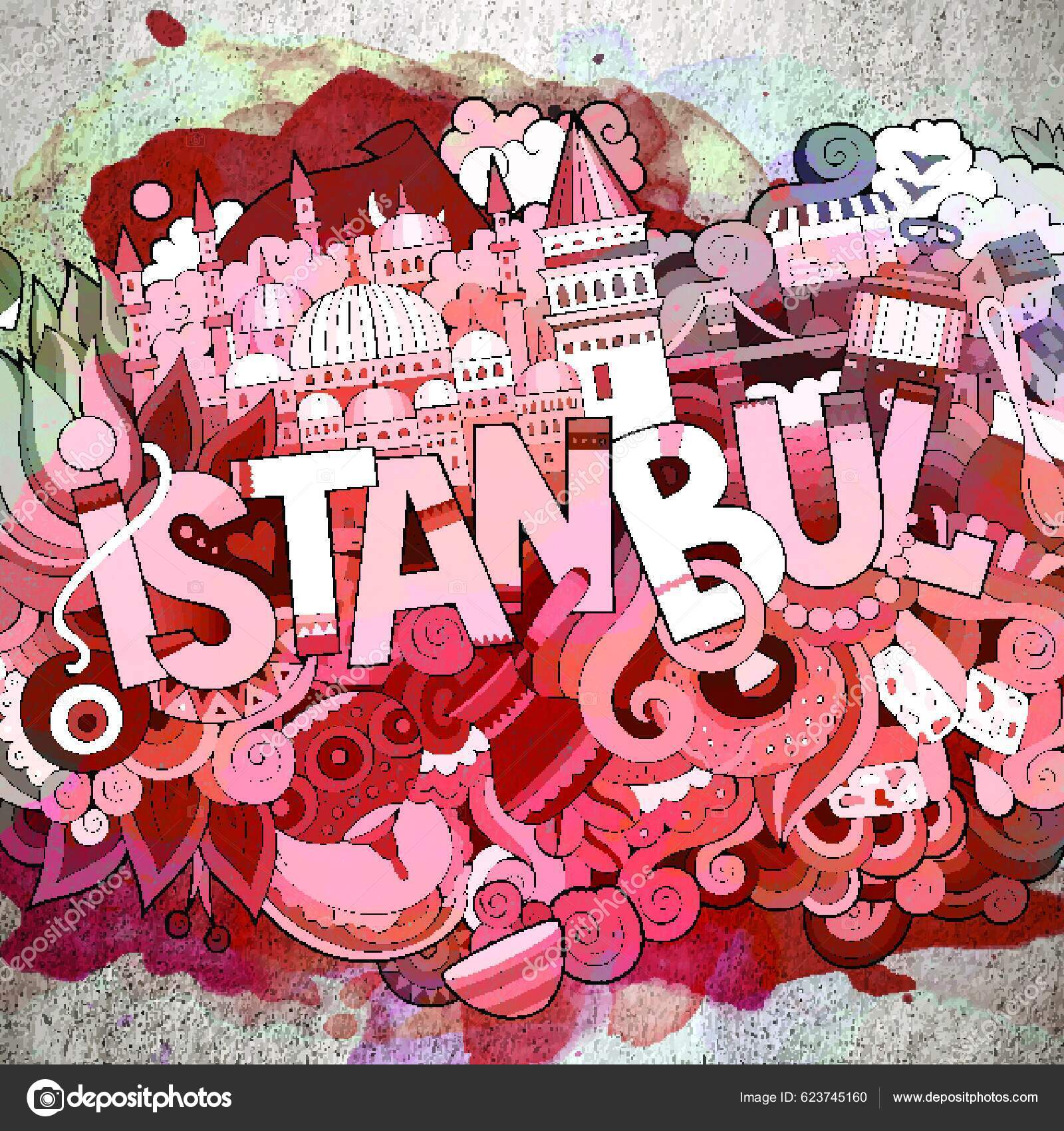 Cartoon Cute Doodles Hand Drawn Istanbul Inscription Stock Vector by ...
