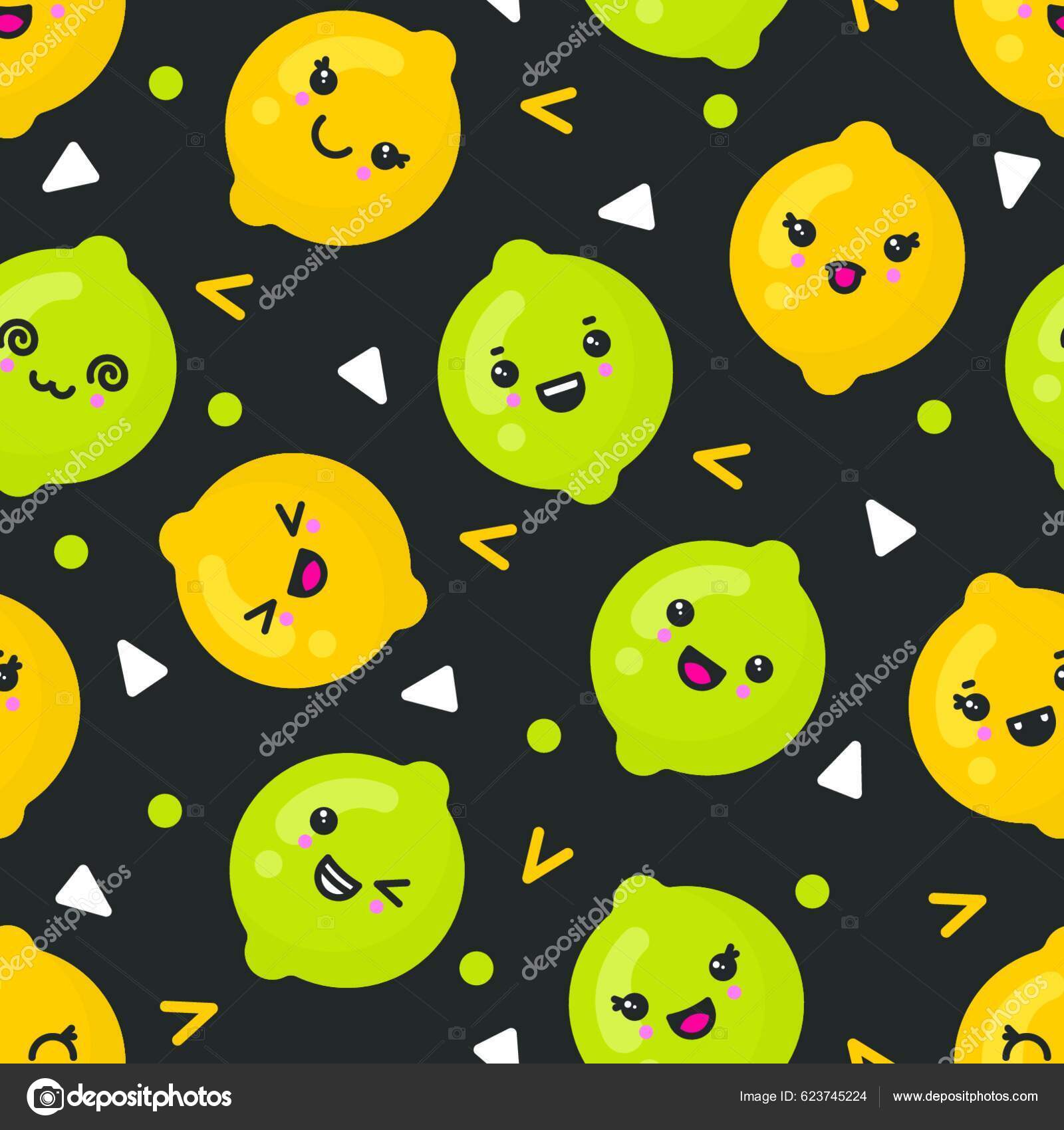 Cute Smiling Lemon Lime Fruits Vector Seamless Pattern Dark Background ...
