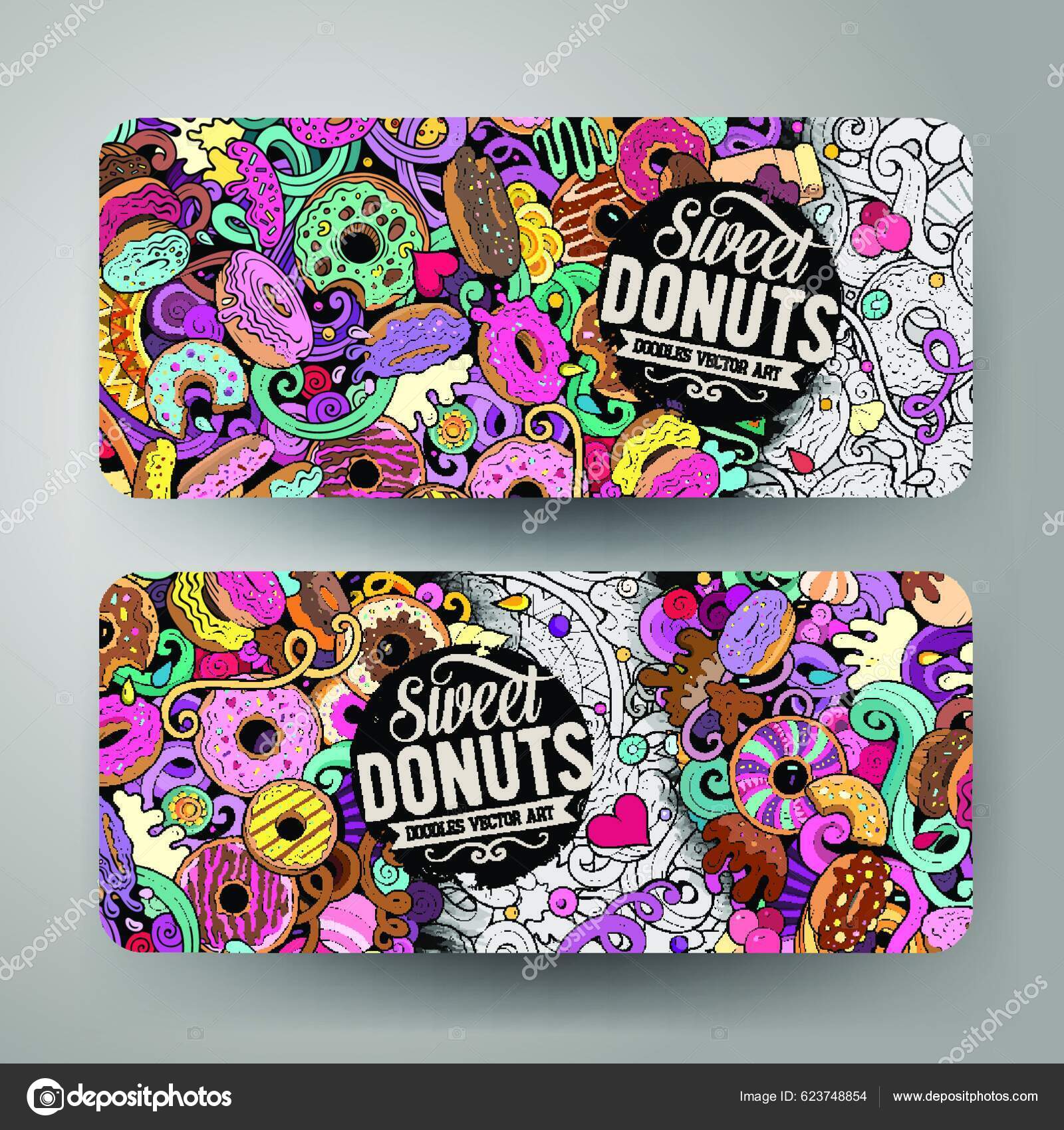 Cartoon Cute Colorful Vector Hand Drawn Doodles Donuts Banners Design ...