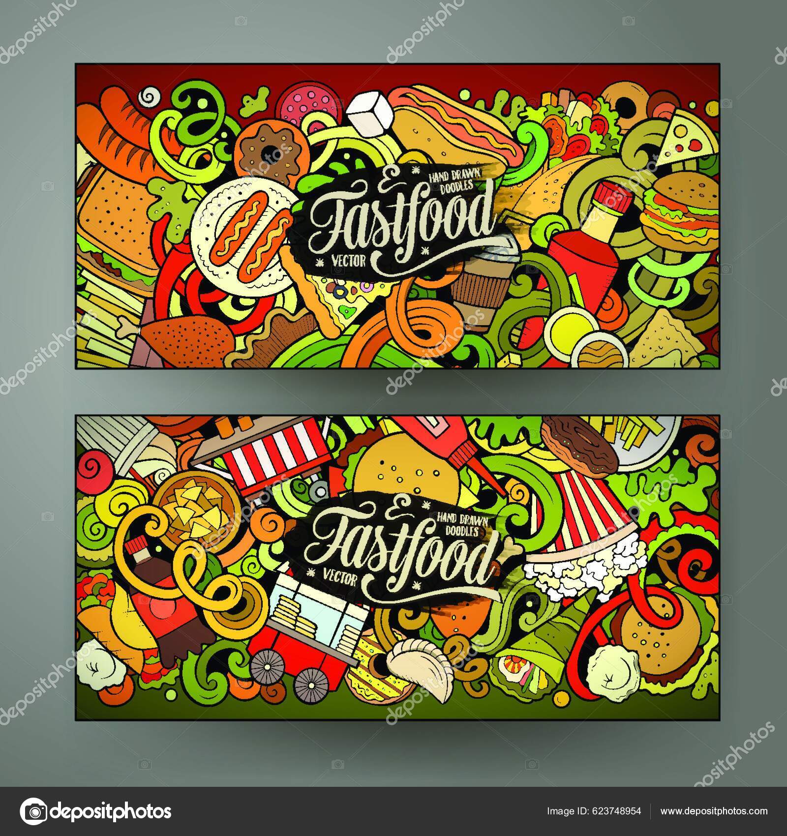 Fast Food Hand Drawn Doodle Banners Set Cartoon Detailed Flyers Stock Vector Image by ©YAY ...