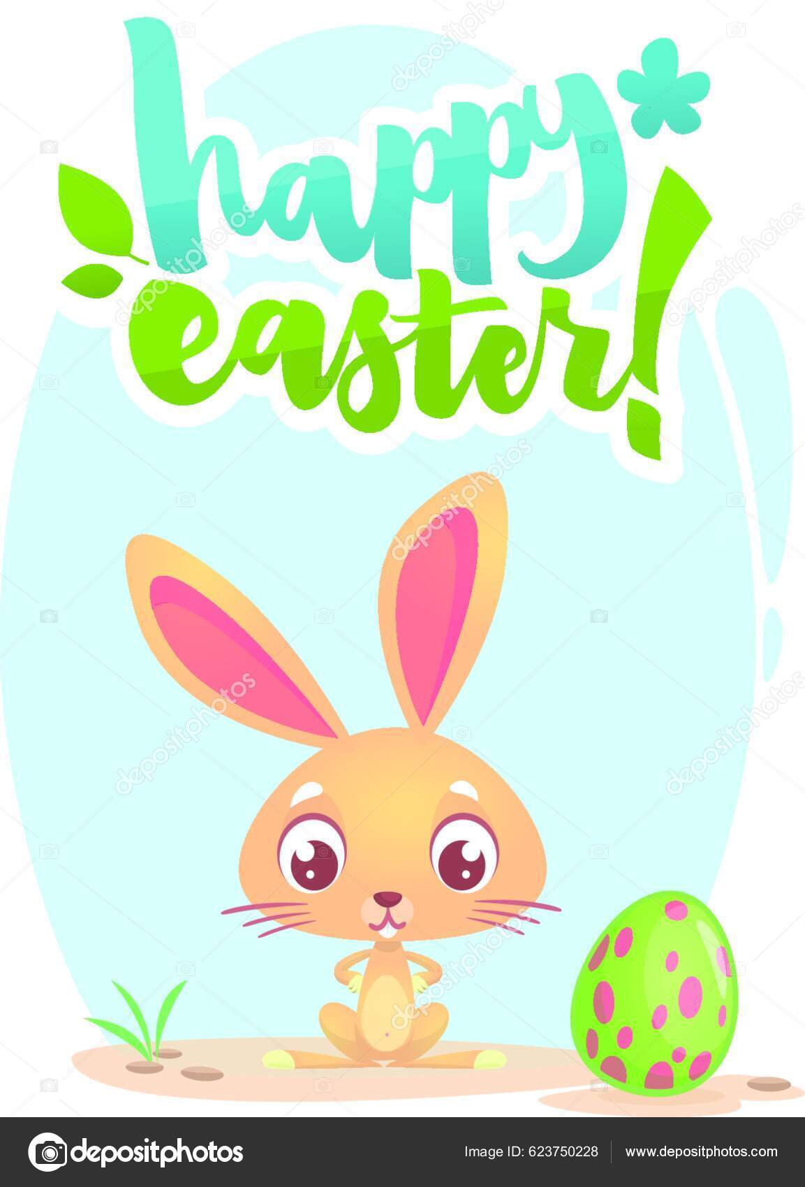 Happy Easter Lettering Card Cartoon Bunny Rabbit Hand Drawn Lettering ...