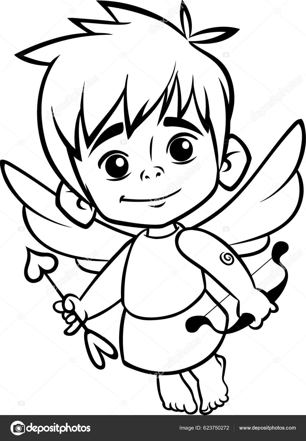 Outlined Funny Cupid Cartoon Character Bow Arrow Vector Coloring Illustration Stock Vector by ...