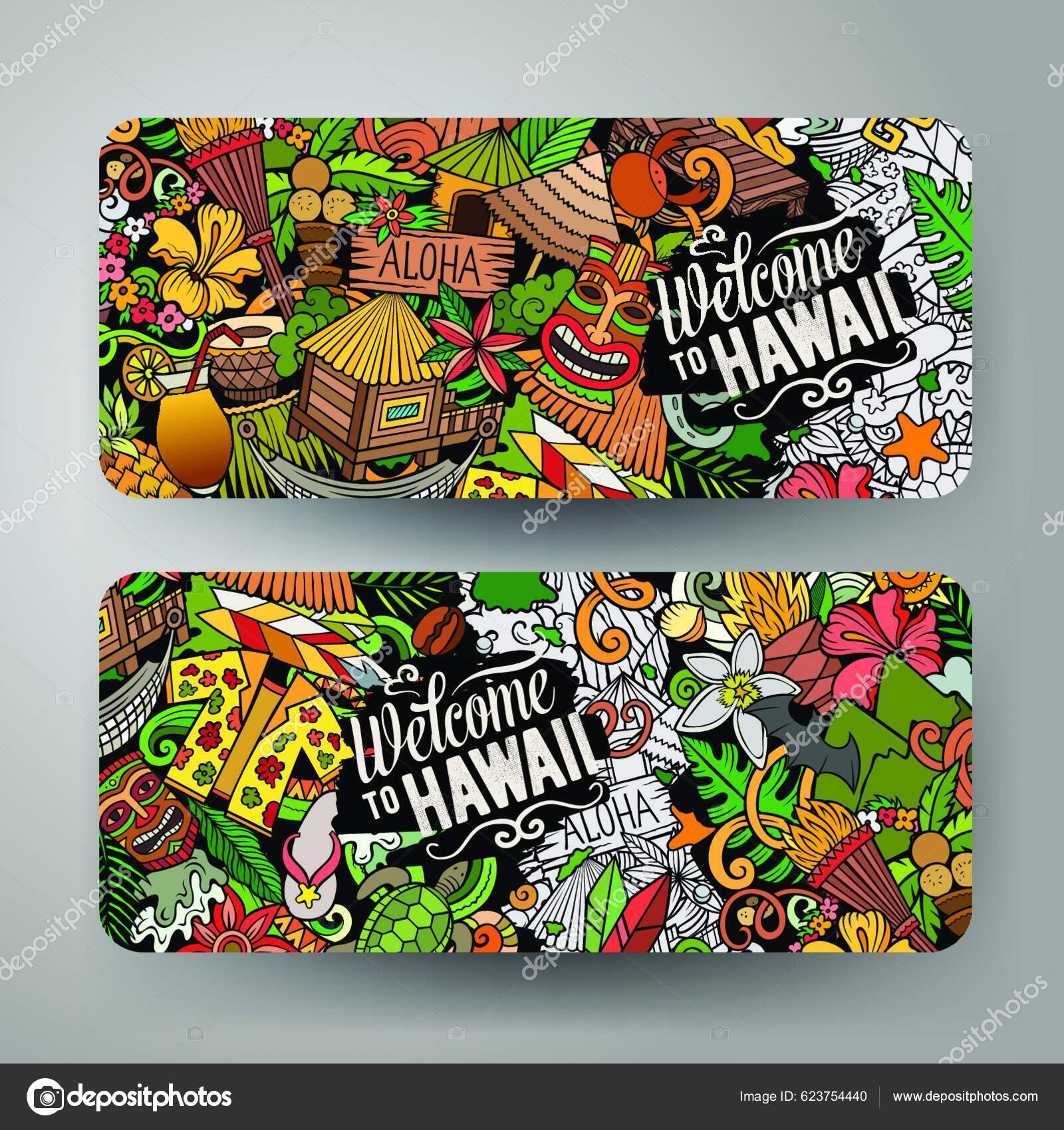 Cartoon Cute Doodles Hawaii Horizontal Banners Set Stock Vector Image ...