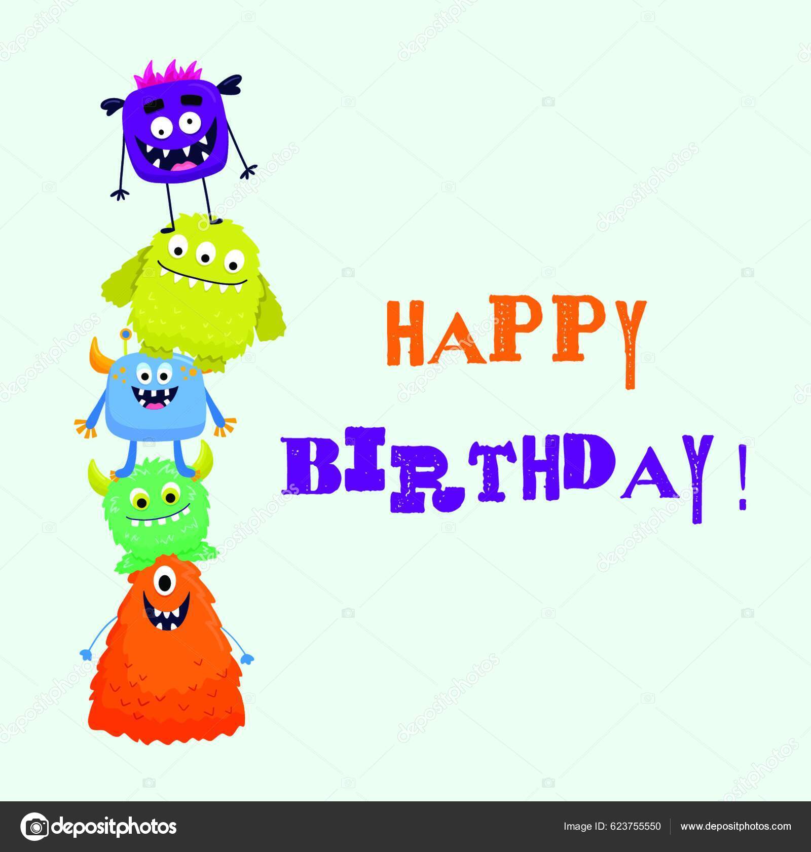 Tarjeta Cumpleaños Feliz Con Monstruos Lindos Divertido Saludo Para ...