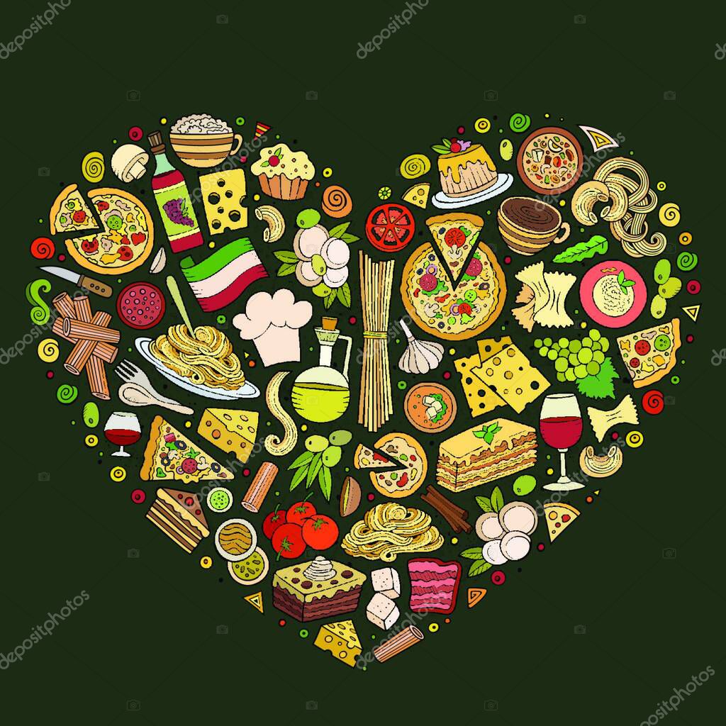 "Conjunto de comida italiana de dibujos animados doodle objetos ...
