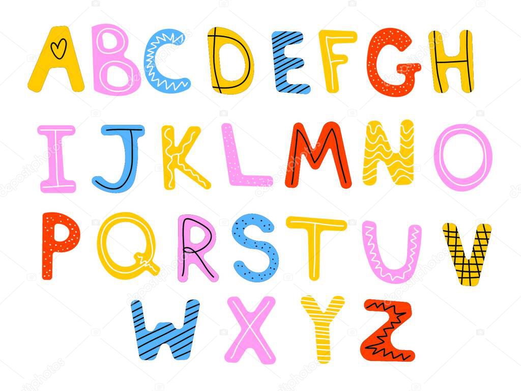 Fuente para niños en estilo cartoon. Set de letras multicolores para ...
