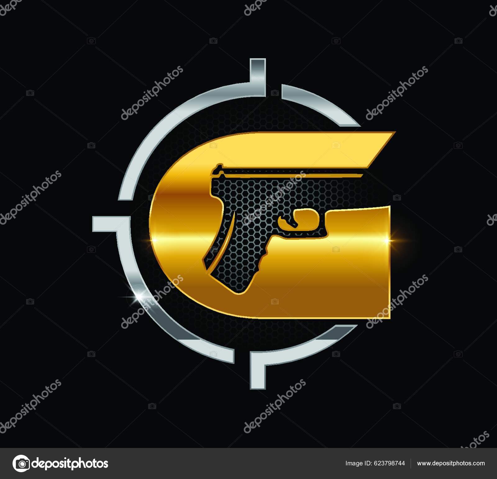 Pistola Monograma Oro Letra Vector de stock #623798744 de ©YAY_Images