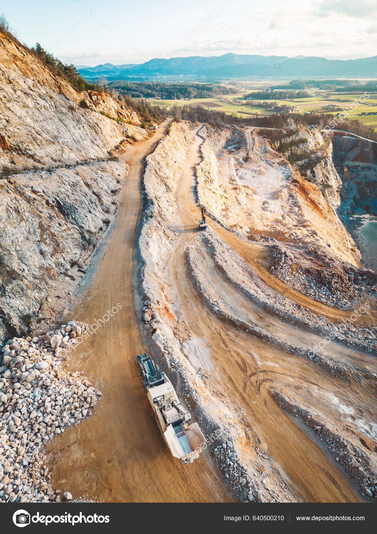 Aerial View Open Pit Quarry Heavy Machinery Working Grounds Excavators ...