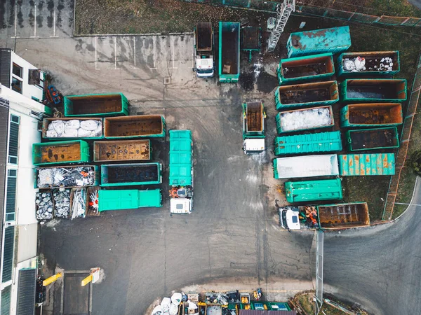 Aerial view, drone shoot of recycling center, containers for sorting ...