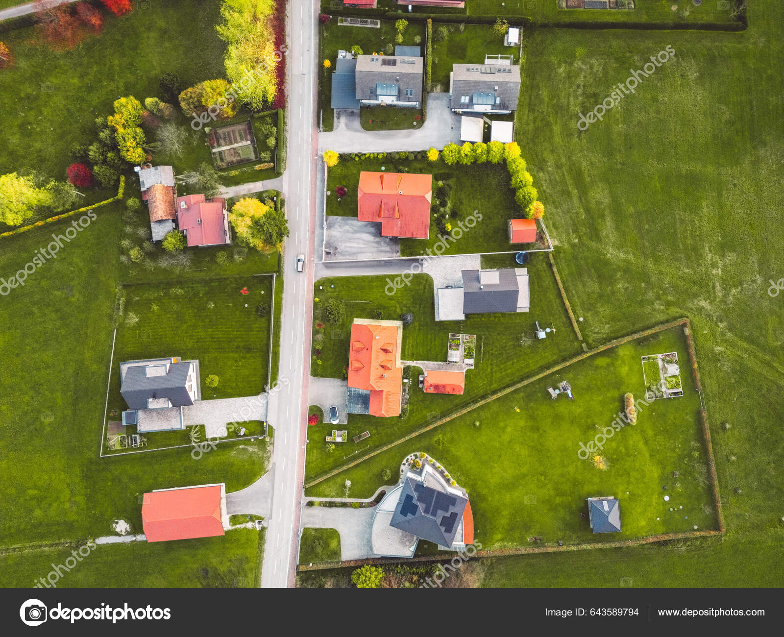 Aerial View Drone Flying Suburban Community Country Side Family Homes ...