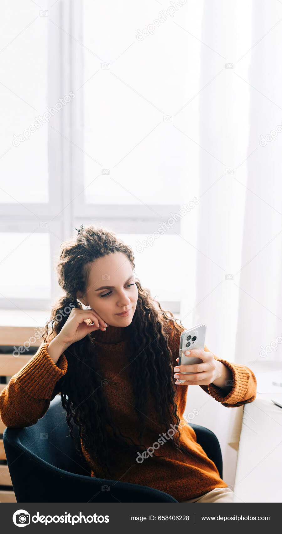 Multi Tasking Young Woman Using Smartphone Laptop Remote Work Learning ...