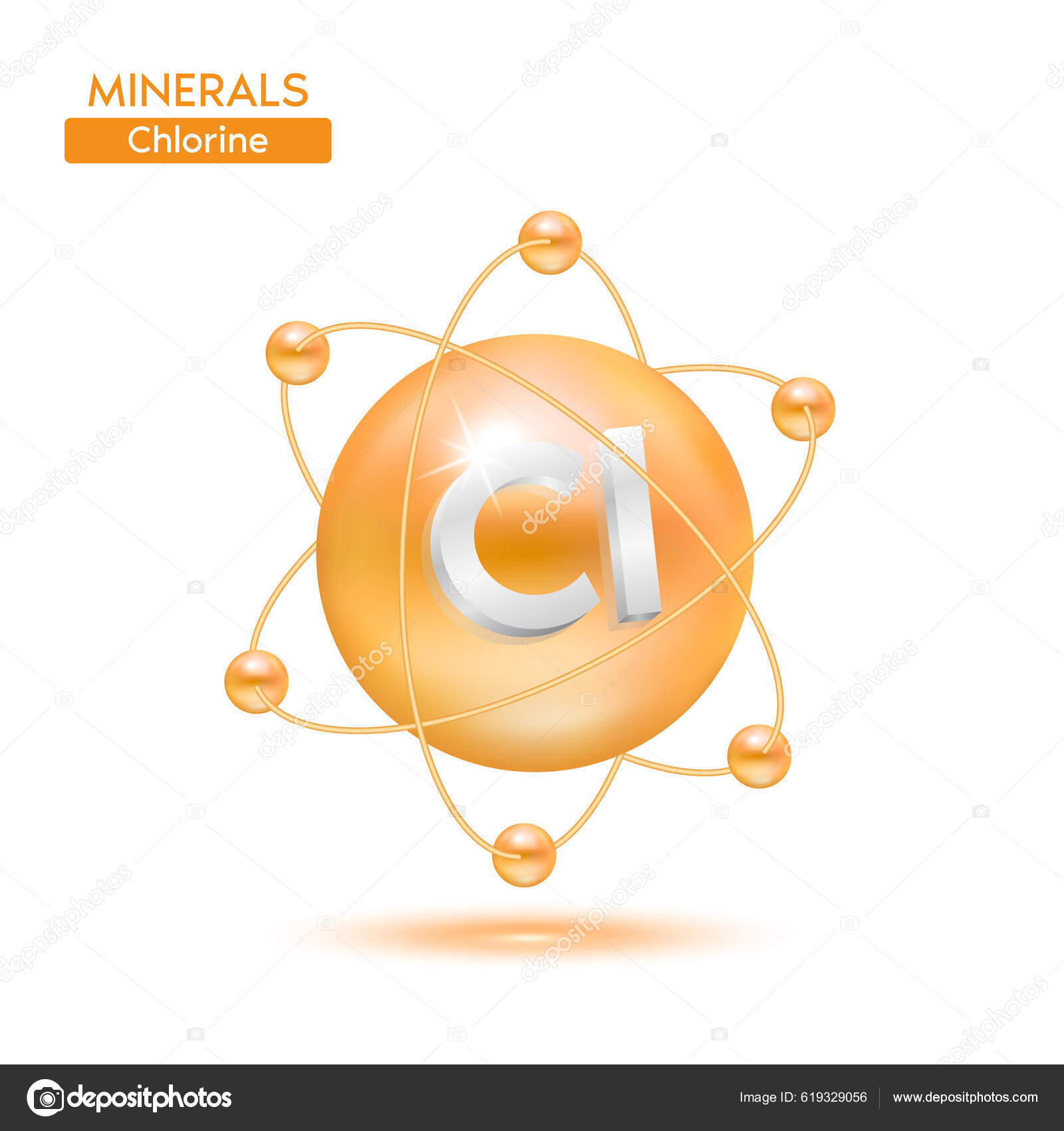 Minerals Chlorine Atom Surrounded Electrons Orange Icon Isolated White ...