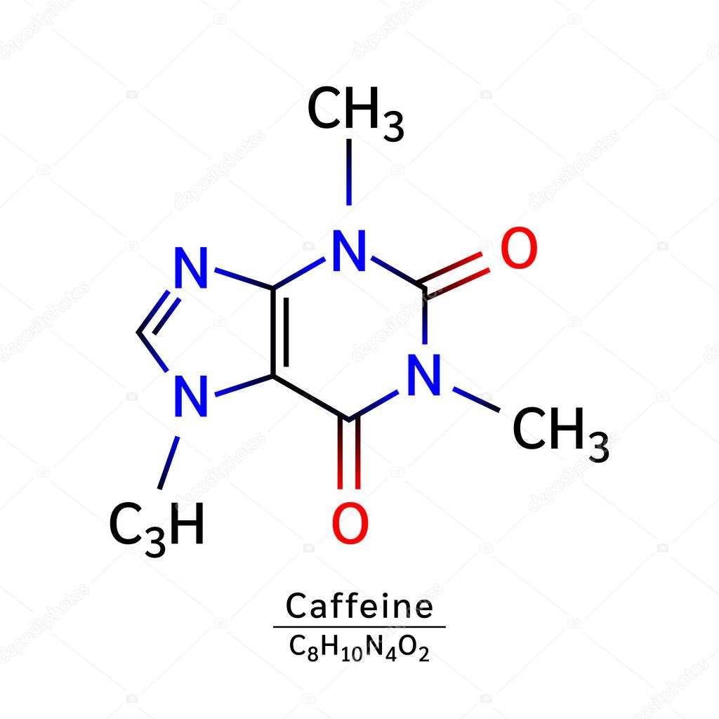 Fórmula química estructural de cafeína. Aislado sobre fondo blanco. La ...