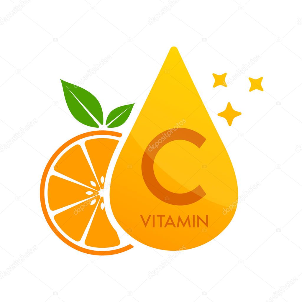 Icono de vitamina C con fruta naranja. Forma suero de gota línea simple aislado sobre un fondo ...