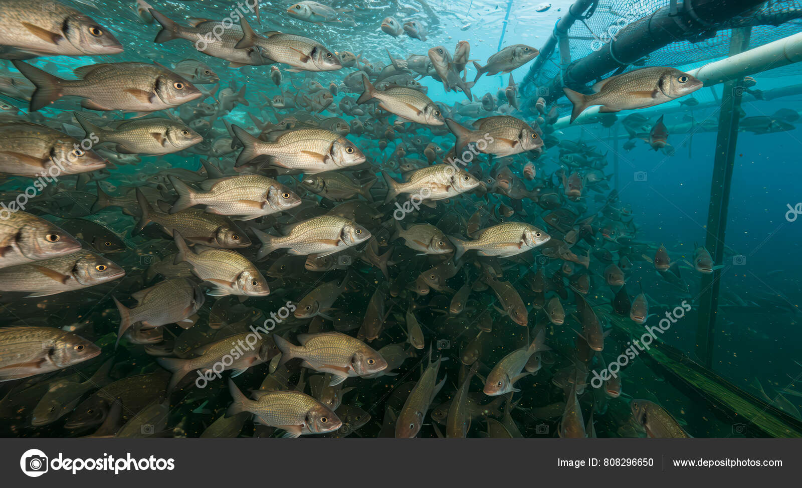 Uma Grande Escola Peixes Nada Perto Recinto Rede Uma Fazenda — Foto ...