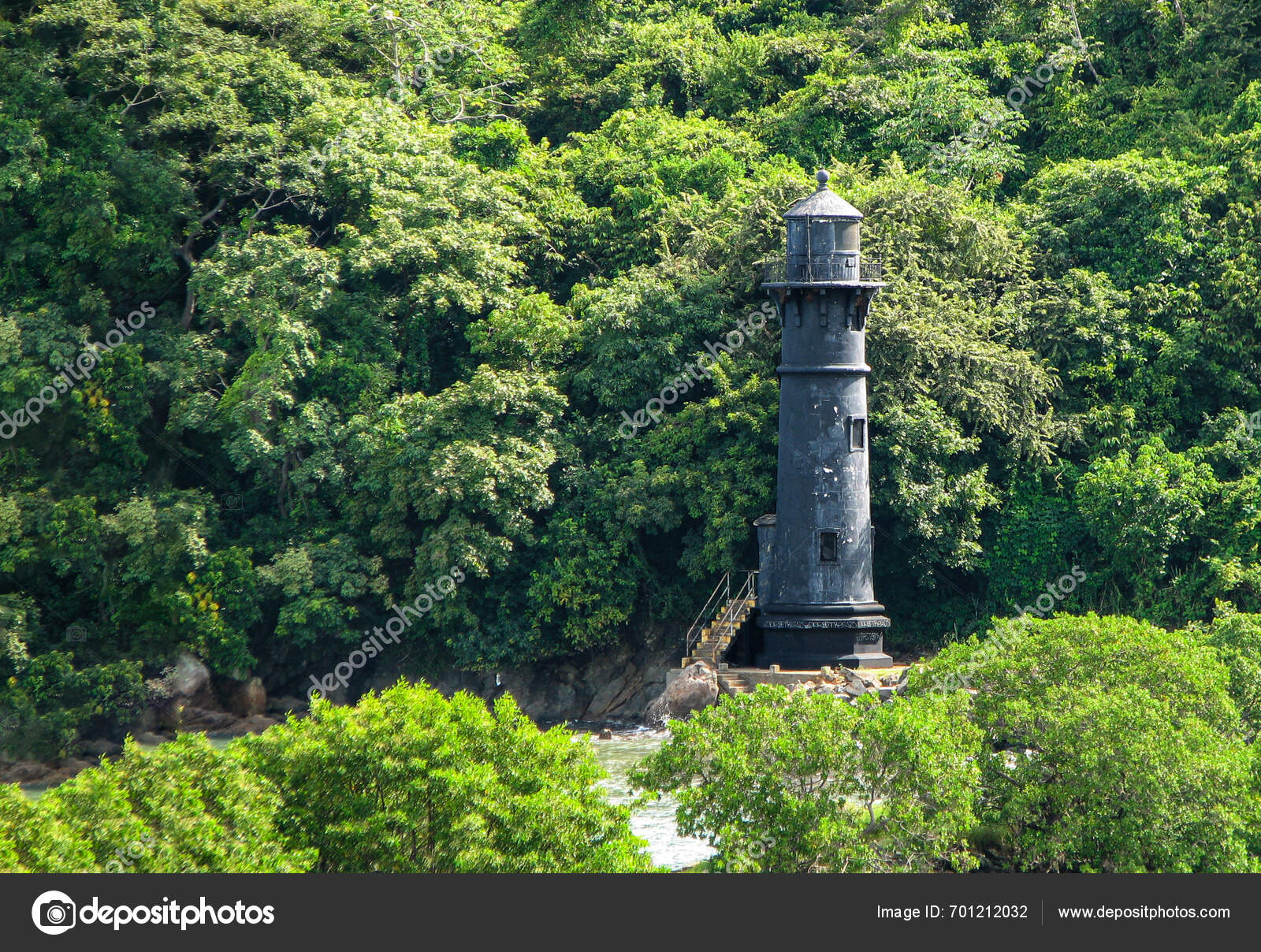 Photo Shows Old Inactive Black Lighthouse Dense Green Forest Lighthouse ...