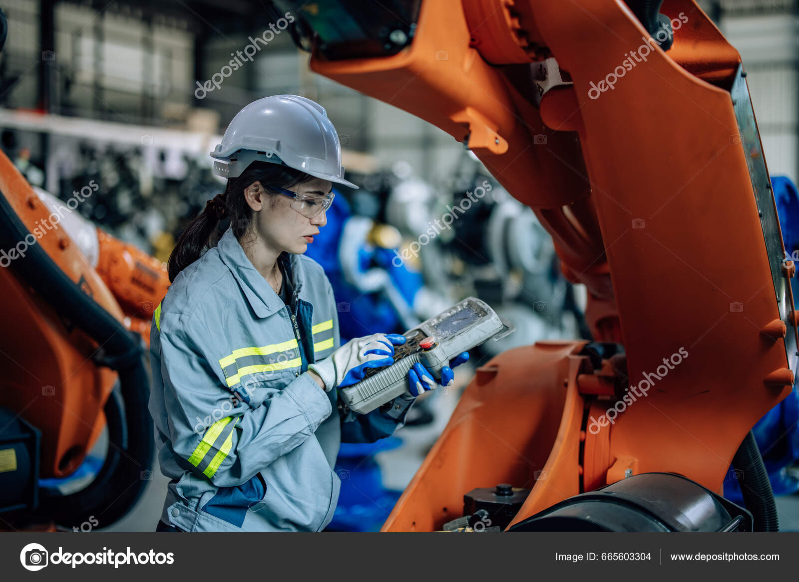Técnico Robótico Utiliza Panel Control Para Operar Mantener Brazo ...
