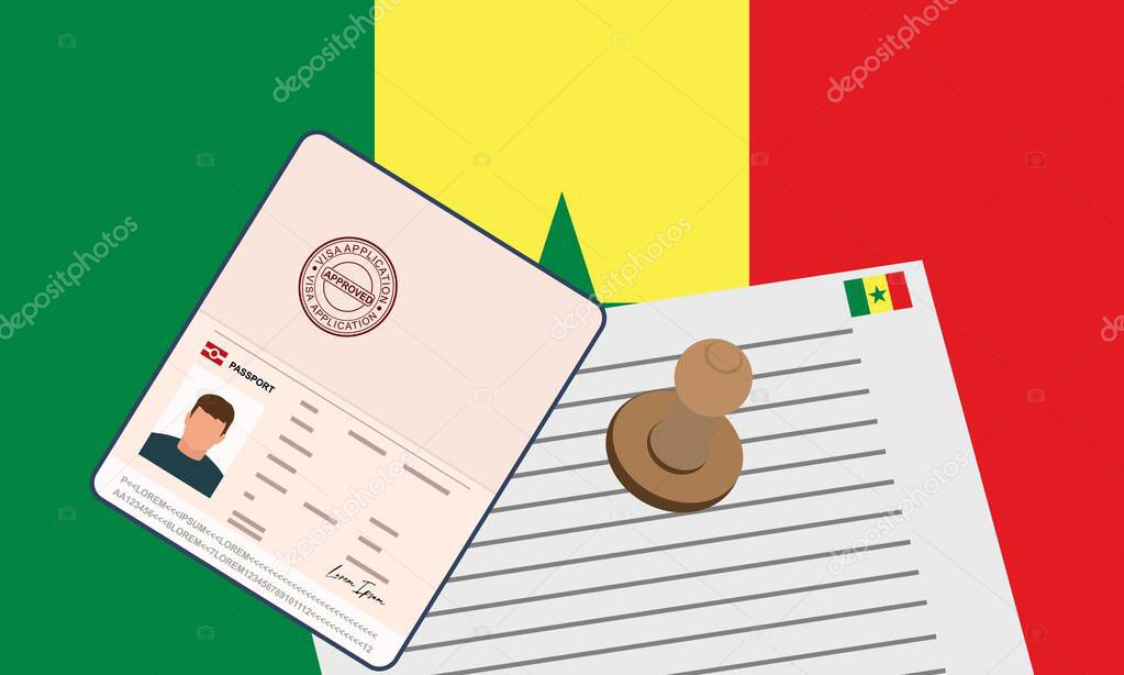 Visa de Senegal, pasaporte estampado abierto con documento de visado aprobado para cruzar la ...