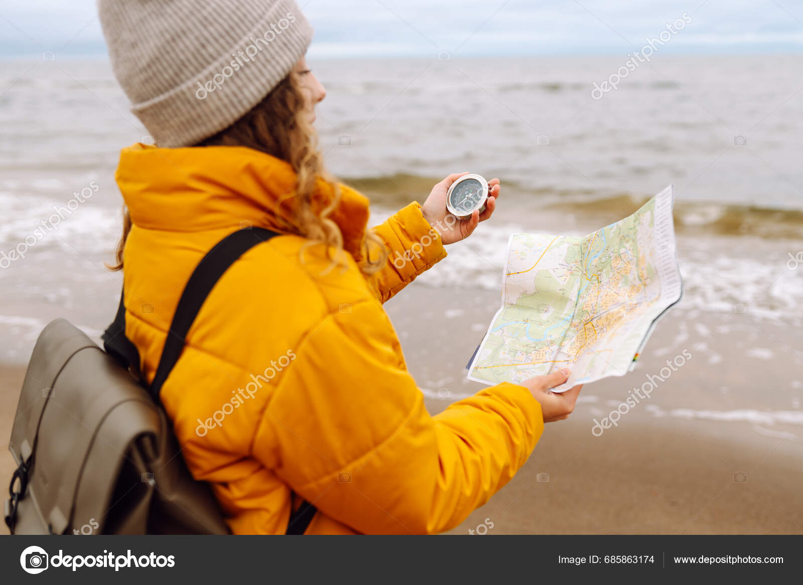 Young Woman Traveler Compass Map Her Hands Reading Map Looking Stock ...