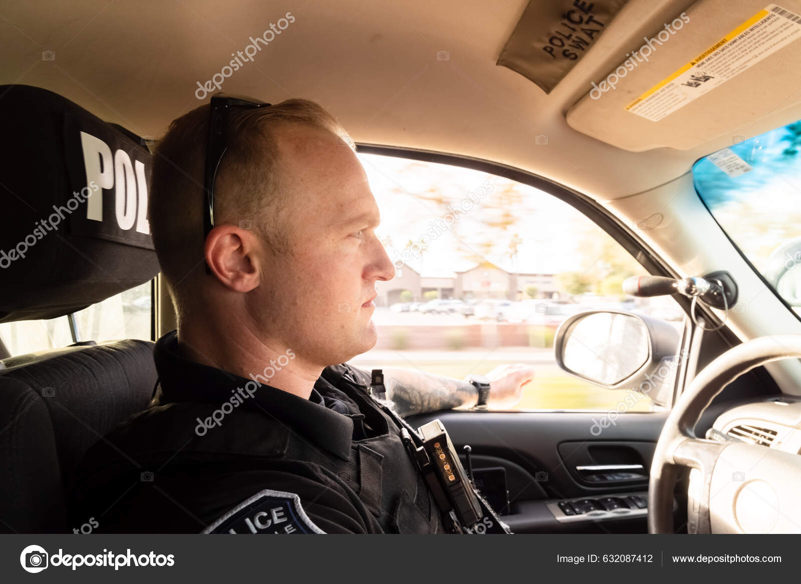 Horizontal Image White Male Caucasian Police Officer Driving Vehicle ...