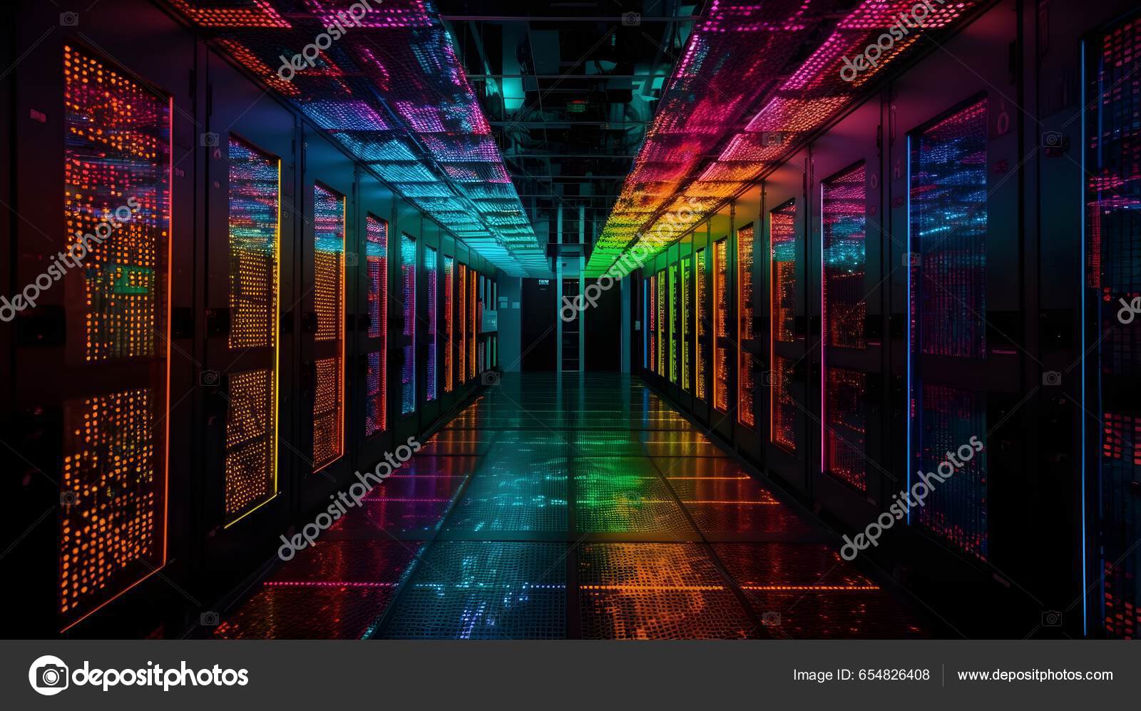 Pusat Data Berwarna Gelap Atau Rak Ruang Server Dan Banyak — Stok Foto ...