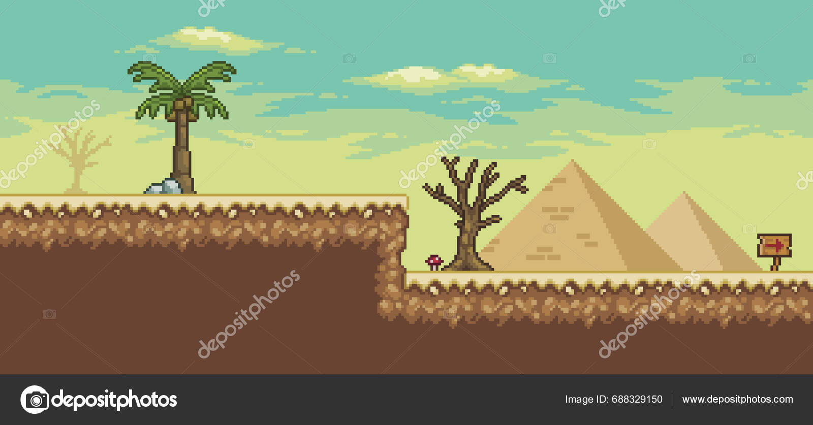 Adegan Permainan Gurun Seni Piksel Dengan Piramida Pohon Palem Latar ...