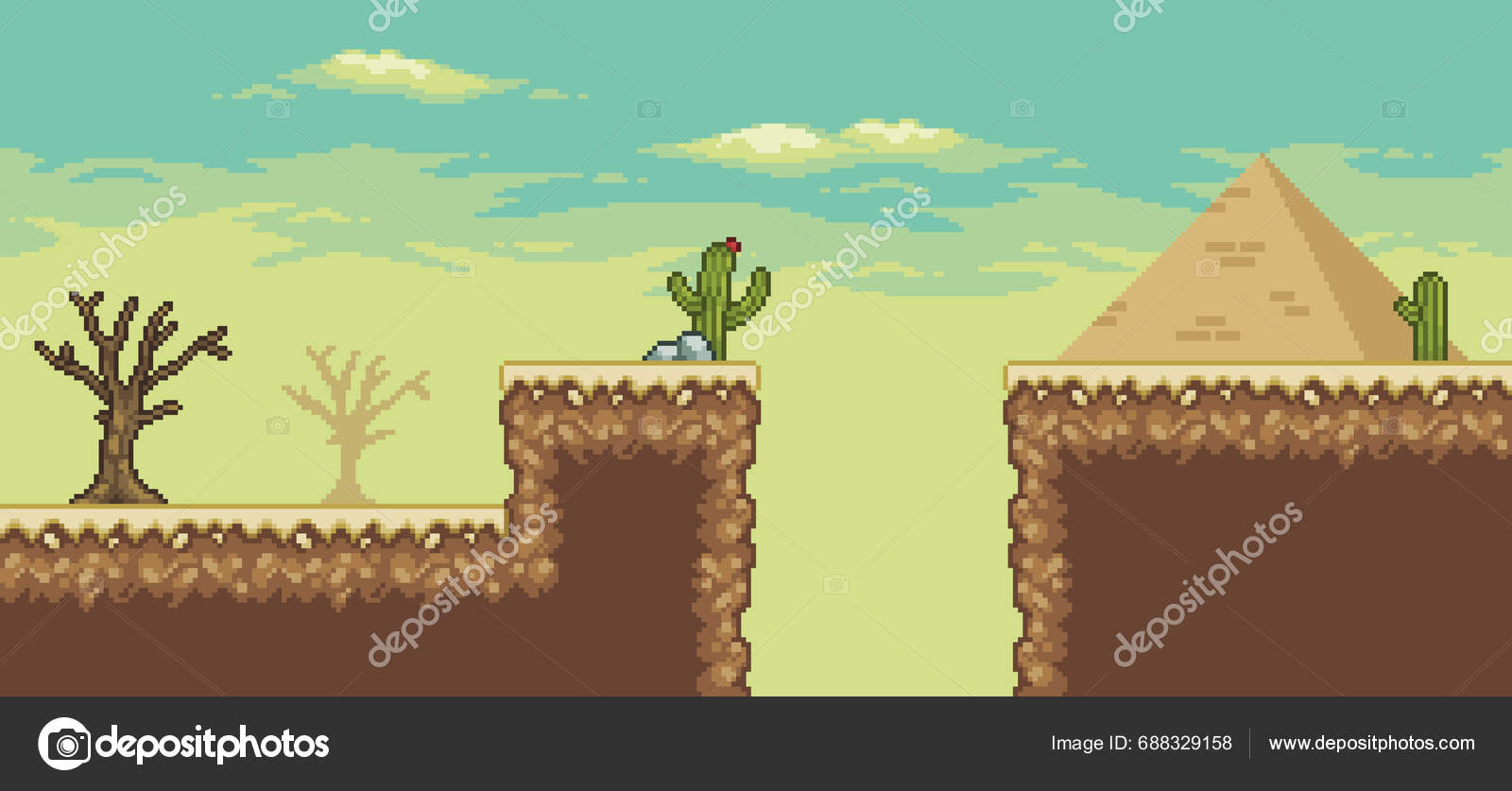 Adegan Permainan Padang Pasir Seni Piksel Dengan Piramida Pohon Palem ...