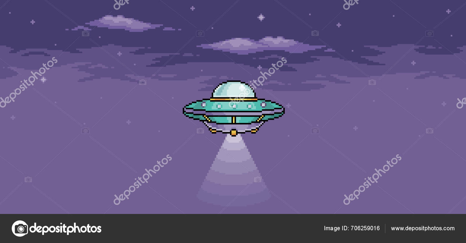 Pixel Art Ufo Night Sky Alien Spaceship Flying Lights Bit Stock Vector ...