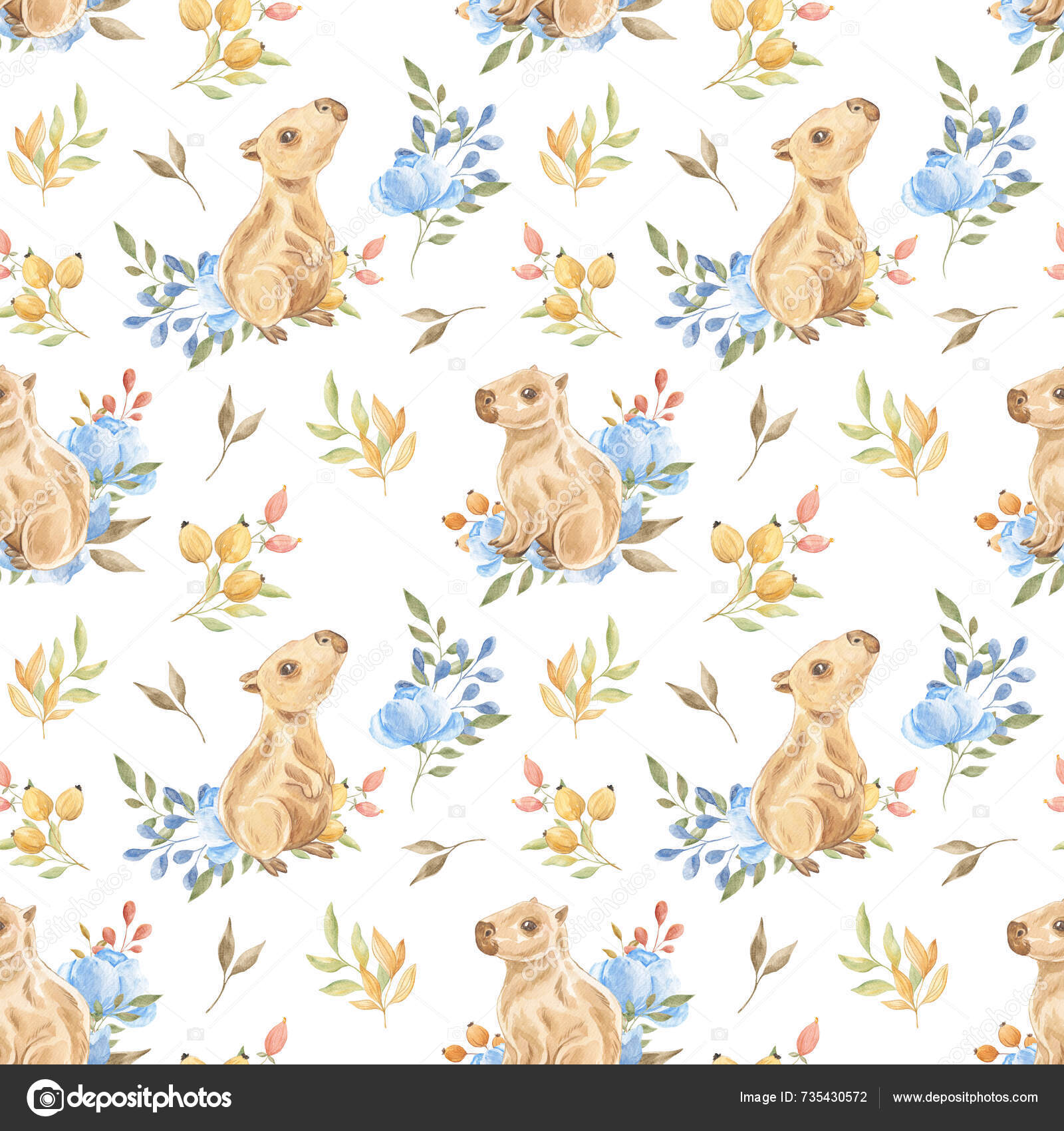 Capybara Drawn Watercolor Seamless Pattern Watercolor Capybaras Nature ...