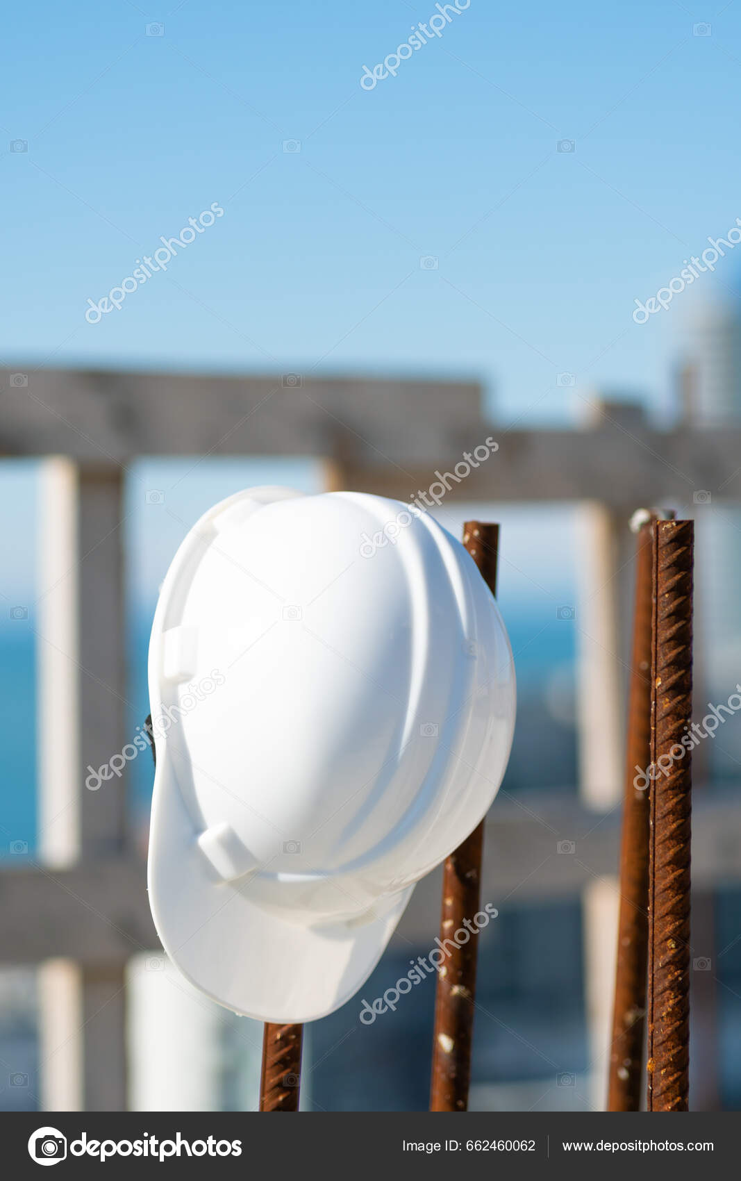 Close White Helmet Hanging Rebar Construction Site Sunny Day ...