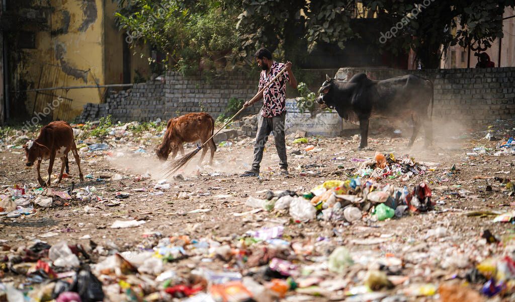 Diciembre, 2022, Raipur, India: Hombre barriendo la basura con escoba y ...