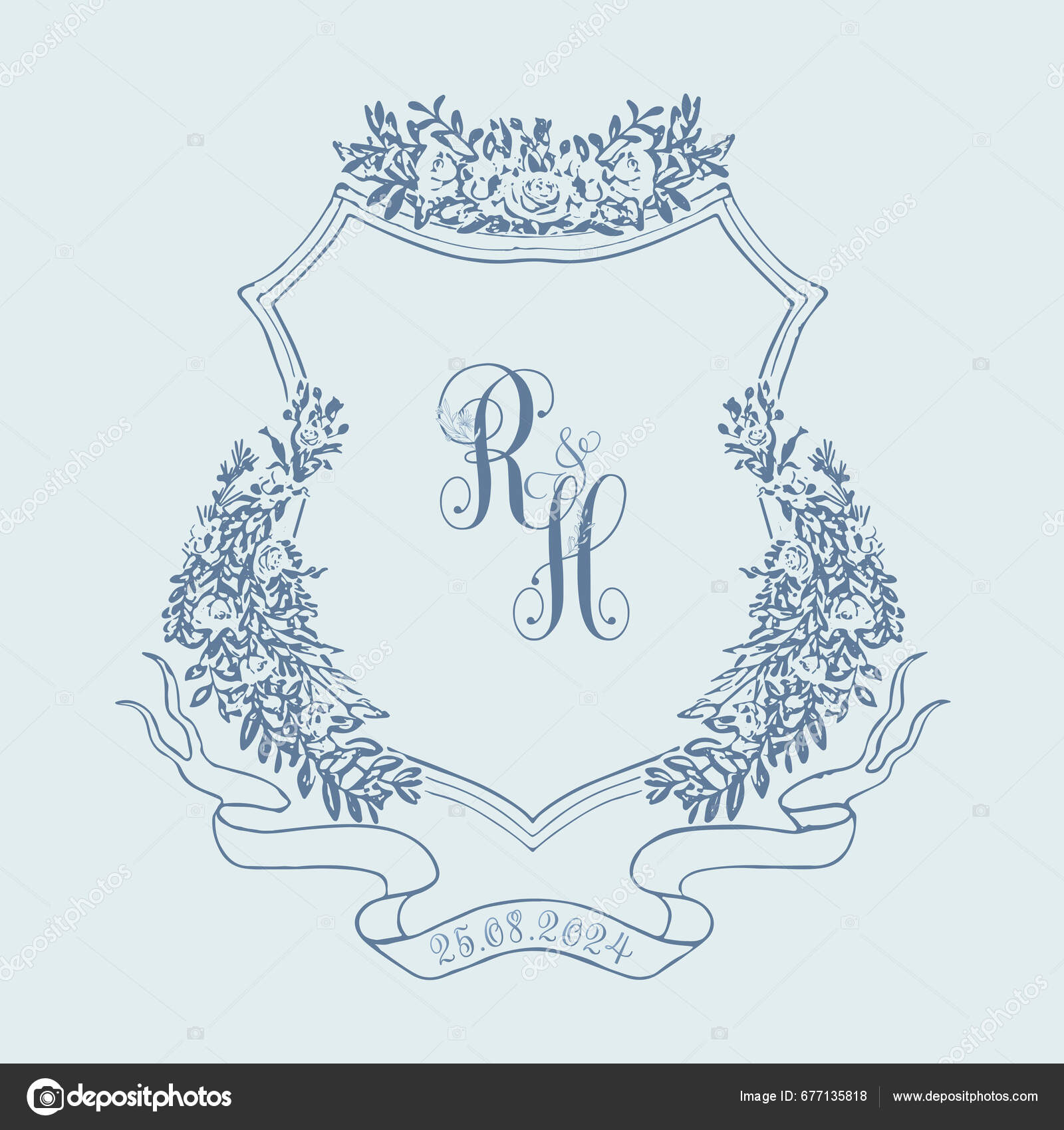 Initial Wedding Monogram Logo Crest Hand Drawn Floral Wedding Crest ...