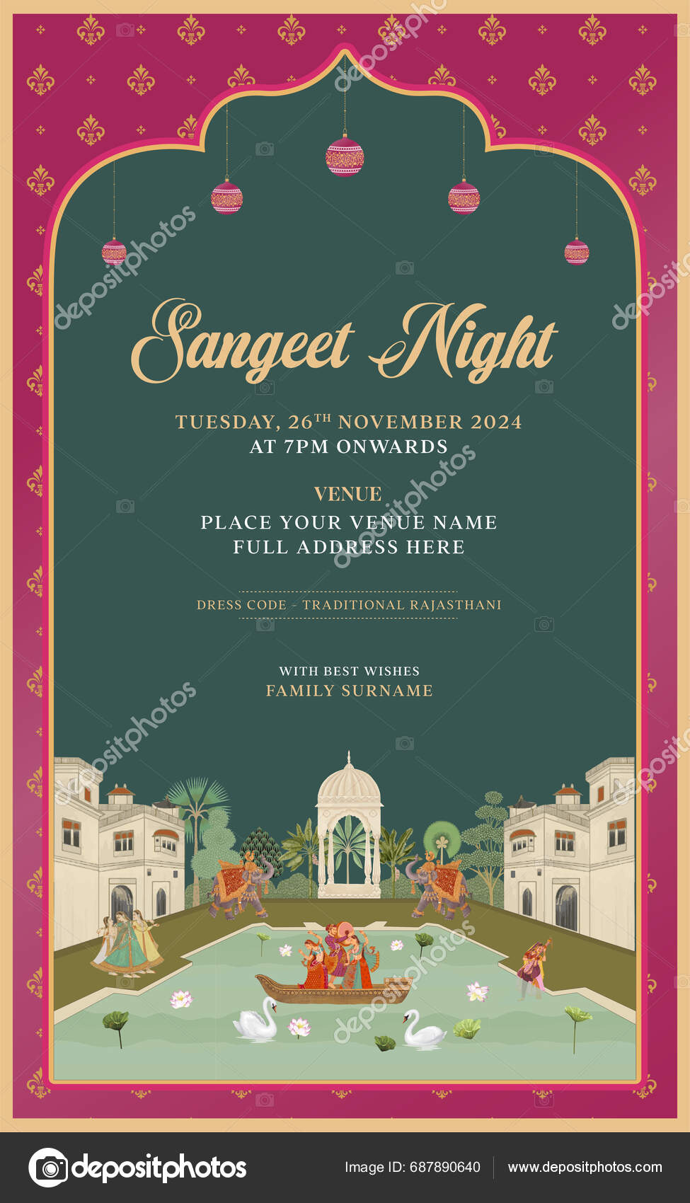 Traditional Indian Mughal Style Sangeet Night Invitation Card Design ...