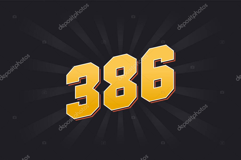 Número 386 vector fuente alfabeto. Número amarillo 386 con fondo negro 2024