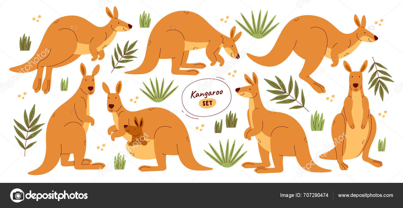 Cute Kangaroo Cartoon Characters Different Poses Jumping Eating Playing ...
