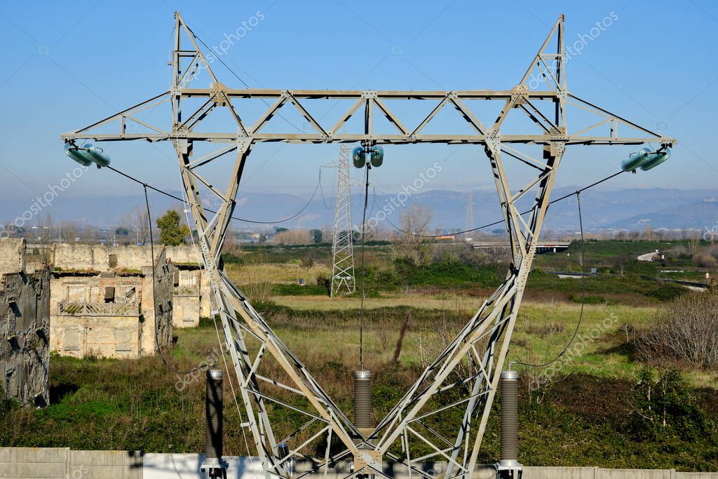 Close-up of a three-phase type A pylon for carrying very high voltage ...