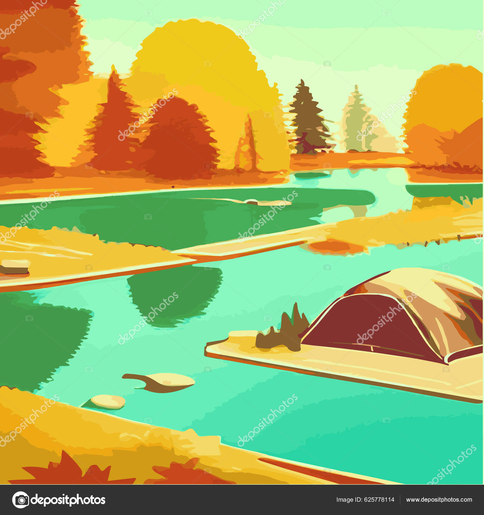Autumn Camp Outdoors Lake Tent Vintage Vector Campground Poster Mountain Stock Illustration by ...