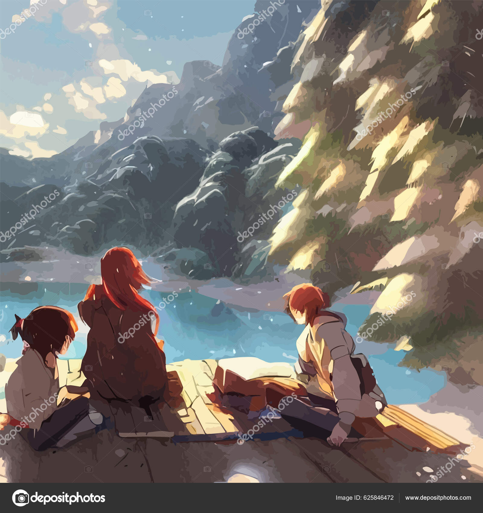 Anime Characters Stand Snowy Forest Winter Winter Asian Camping Anime ...