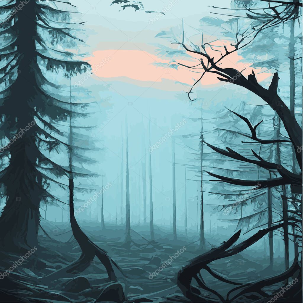 bosque misterioso. Fondo paisaje en la noche crepúsculo niebla bosque ...